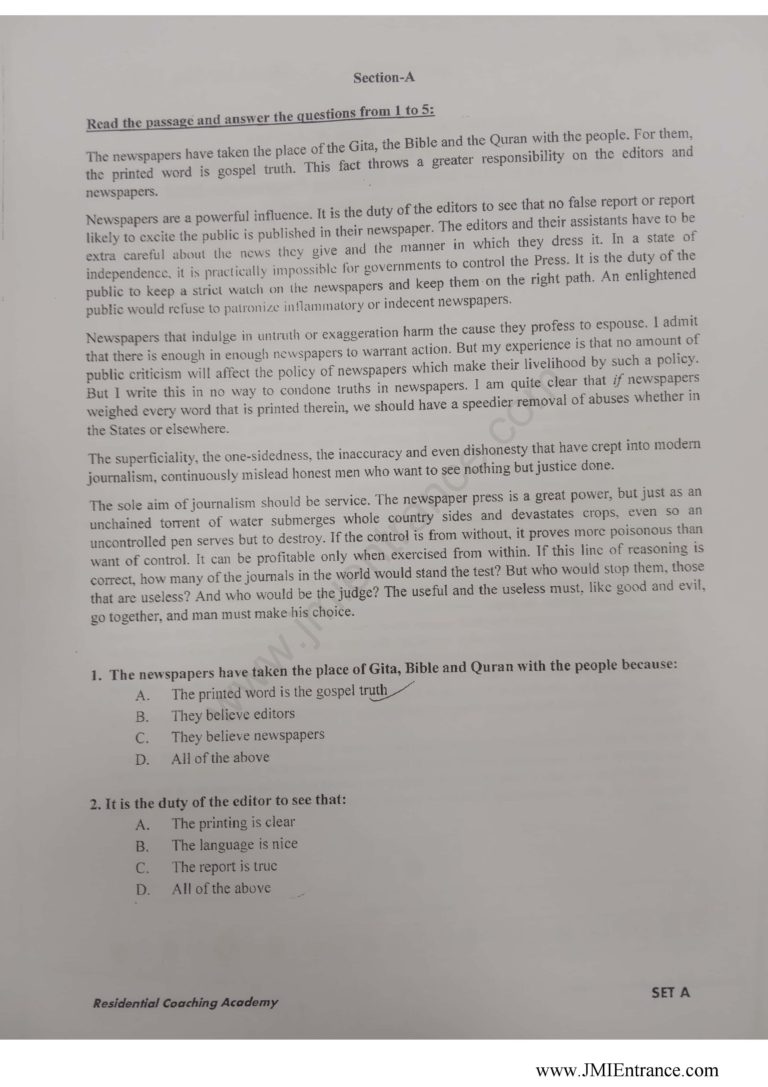 Jamia RCA Entrance Question Paper | Last 10 Years | Jamia Helpdesk ...