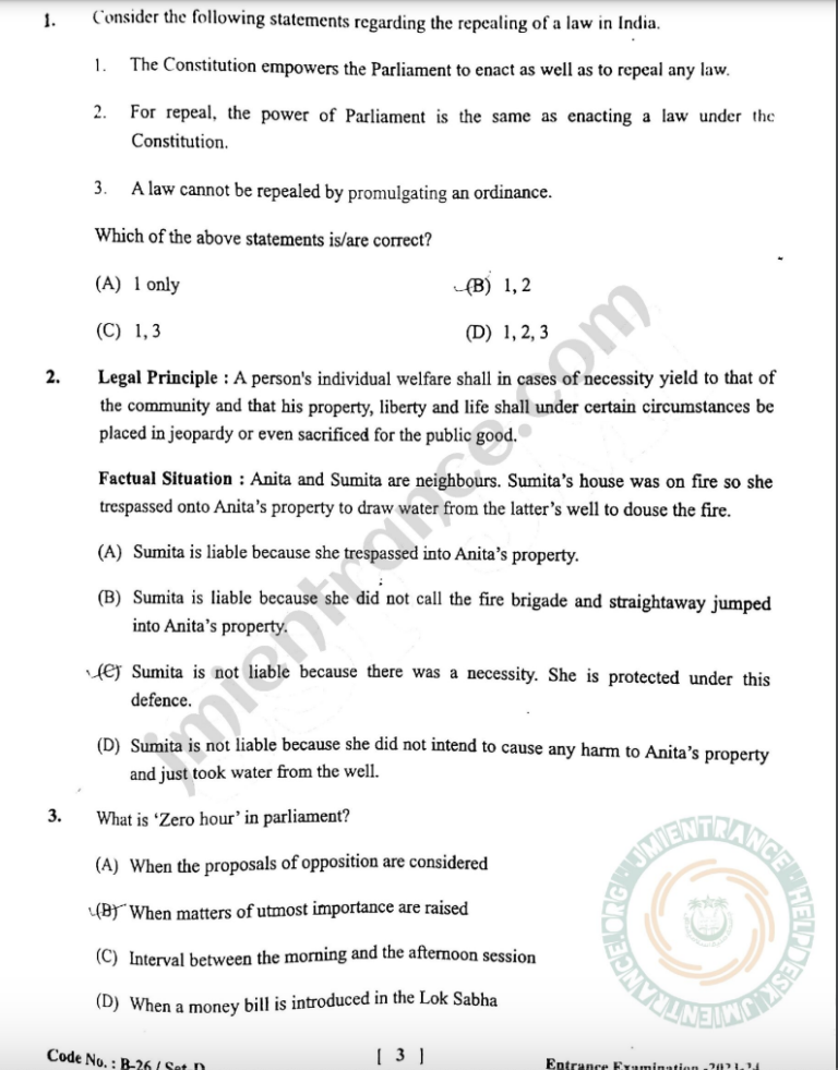 Jamia BA LLB Last 10 Years Entrance Question Test Paper [PDF]