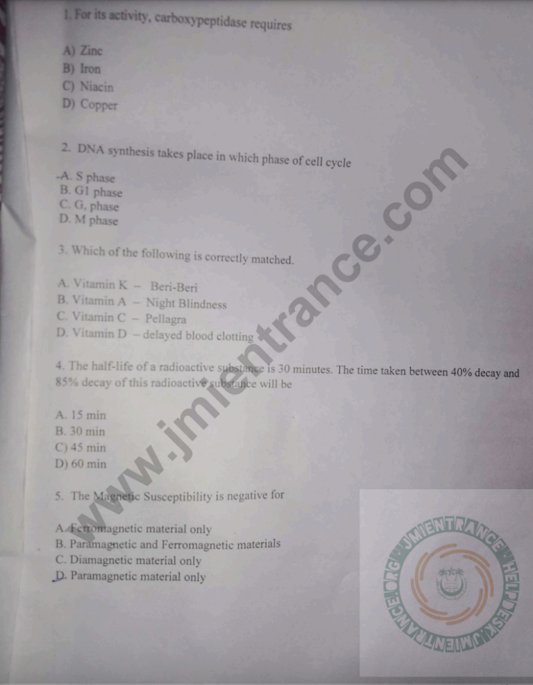 Jamia BPT (Physiotherapy)10 Years Entrance Question Test Paper