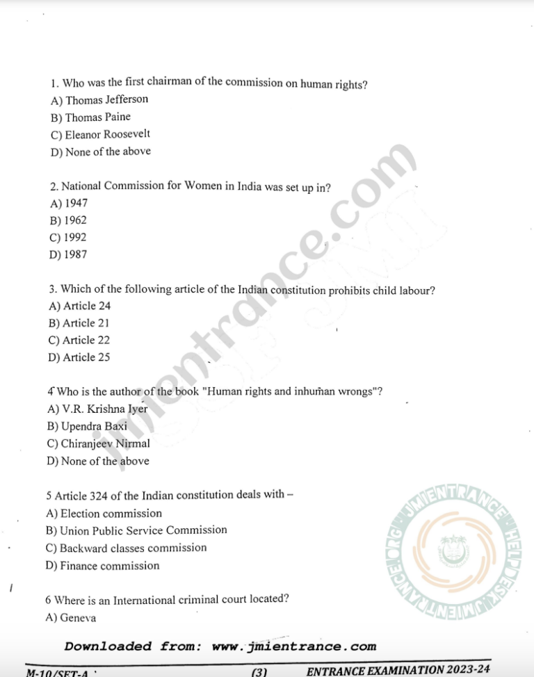 Jamia MA Human Rights and Duties Education 10 Years Entrance Question Paper